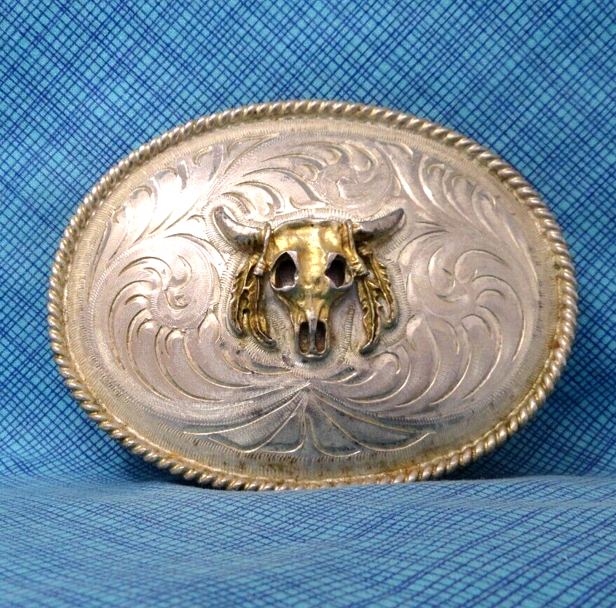 Bison Skull Belt Buckle Native American Scroll Roped Vtg Alpaca Mexico ...