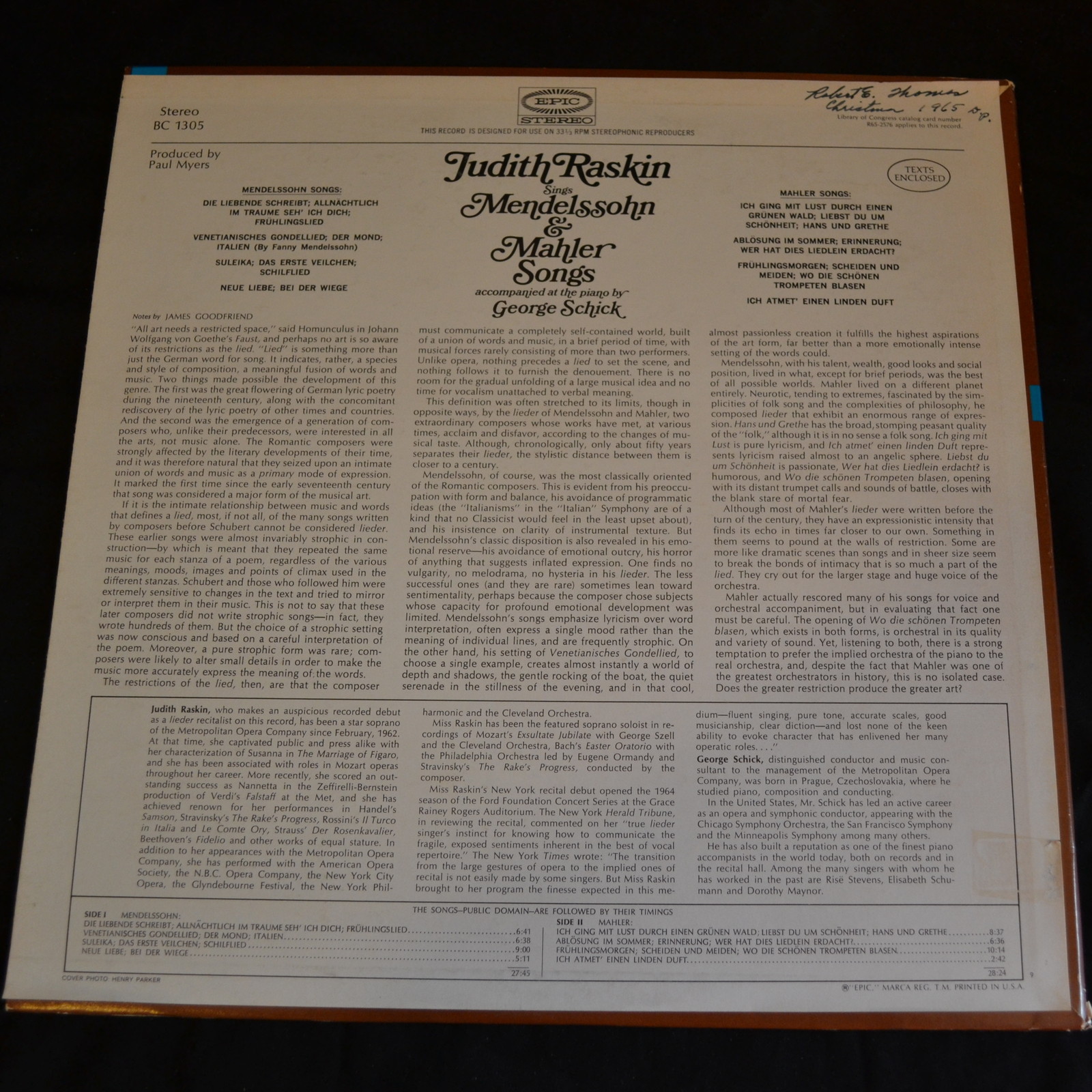 Judith Raskin Sings Mendelssohn & Mahler Songs - Epic - BC 1305 - EX-NM ...