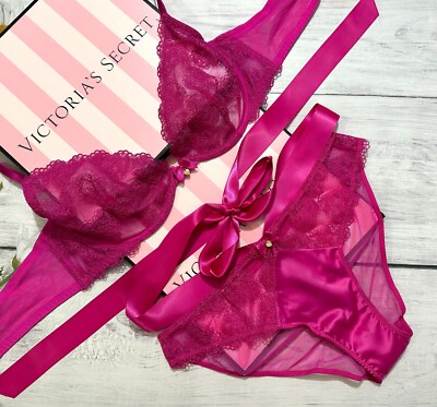 Victoria's Secret Barbie Heart Embroidery VERY SEXY Bra Ribbon Cheeky ...