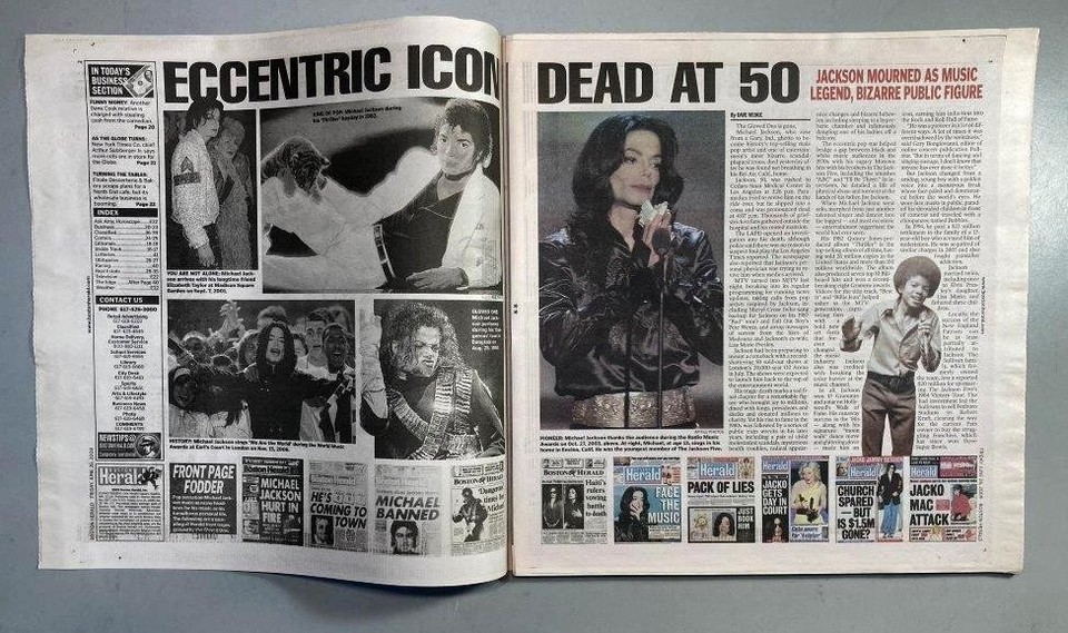 MICHAEL JACKSON DEATH "FADE TO BLACKO" June 26, 2009 Boston Herald NEW ...