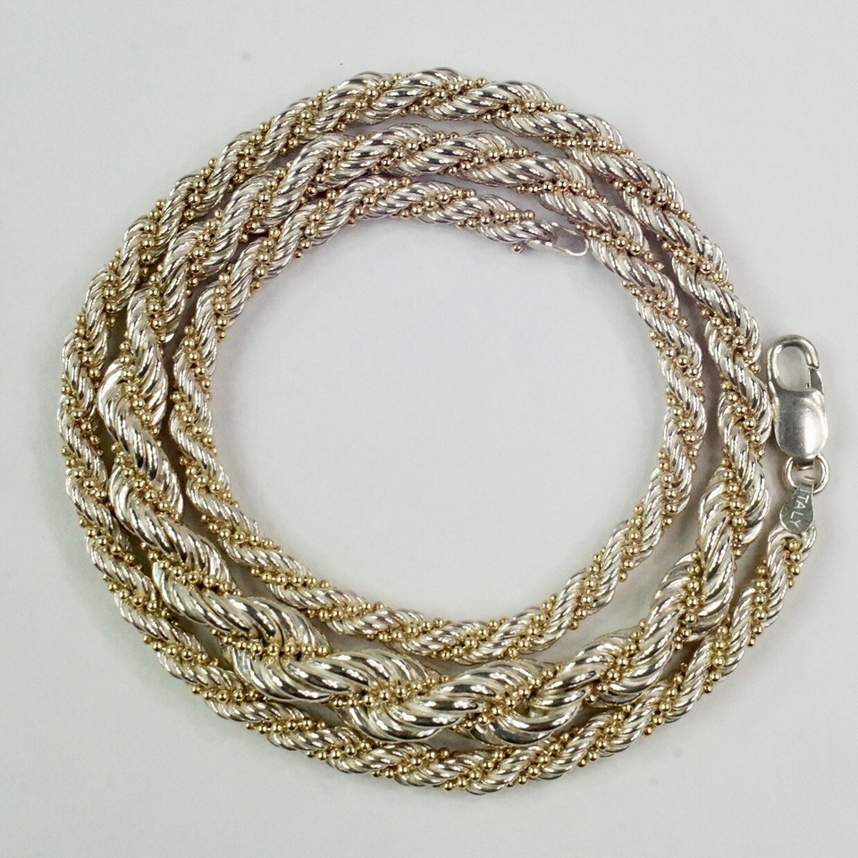 Graduated sterling silver rope chain necklace w/gold tone ball bead ...