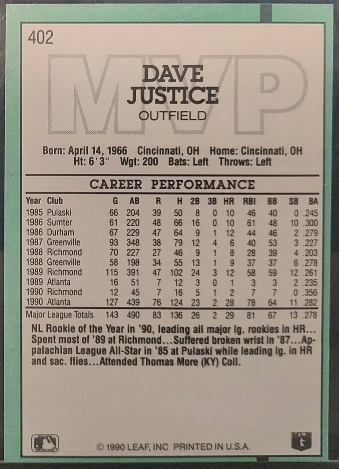 Dave Justice: RARE Error Card | eBay