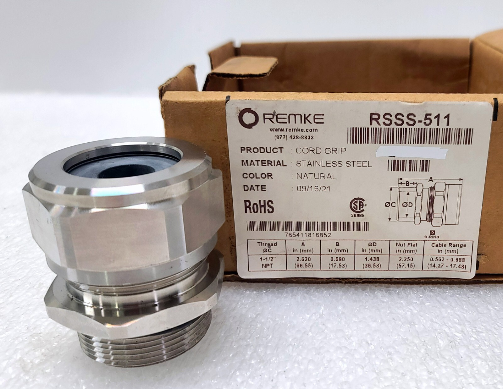 Remke RSSS-511 Cord Grip SS ~ 1-1/2" NPT ~ .568-.688 ~ Stainless Steel ...