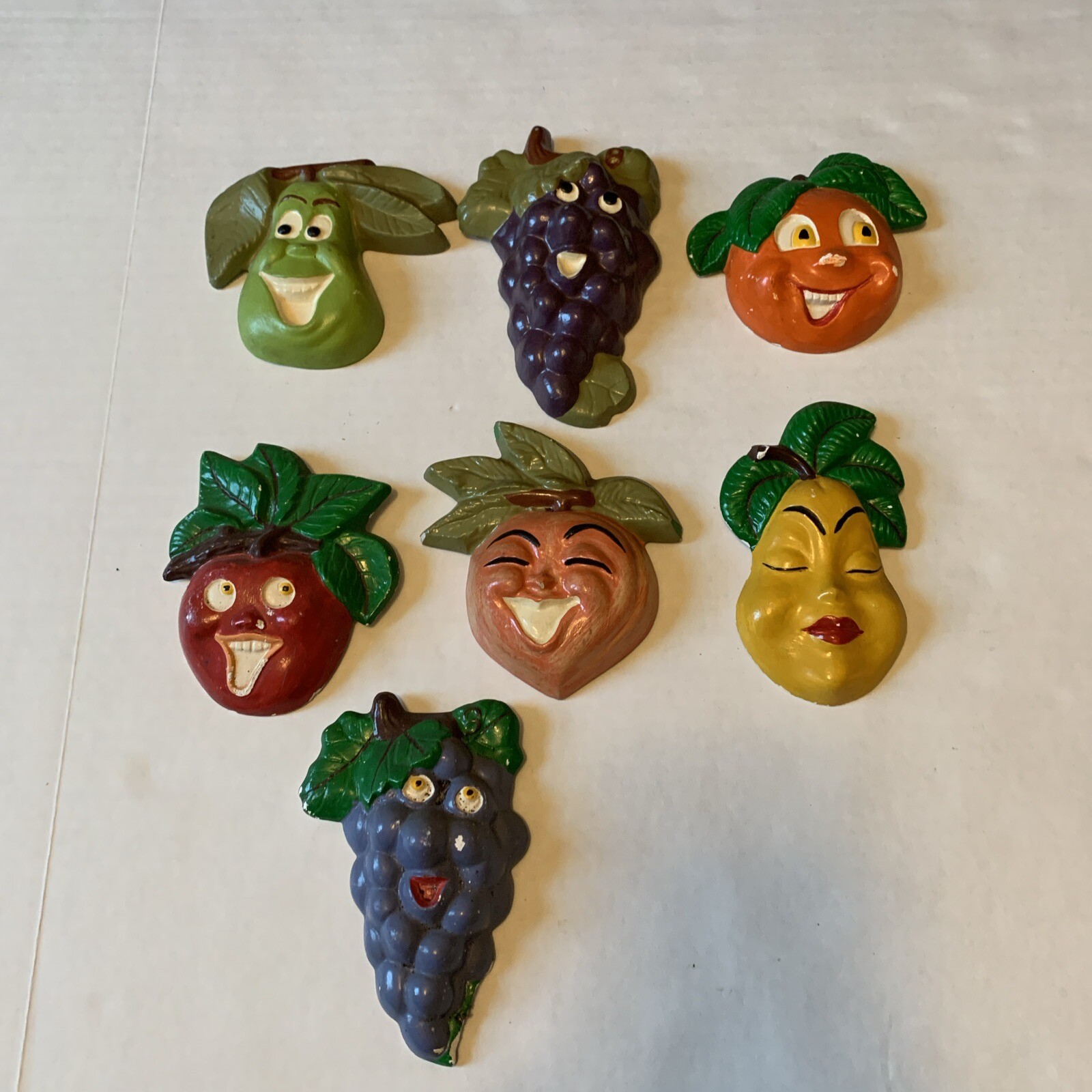 7 Vtg 1970s Anthropomorphic Fruit Chalkware Wall Plaques Grape Pear ...