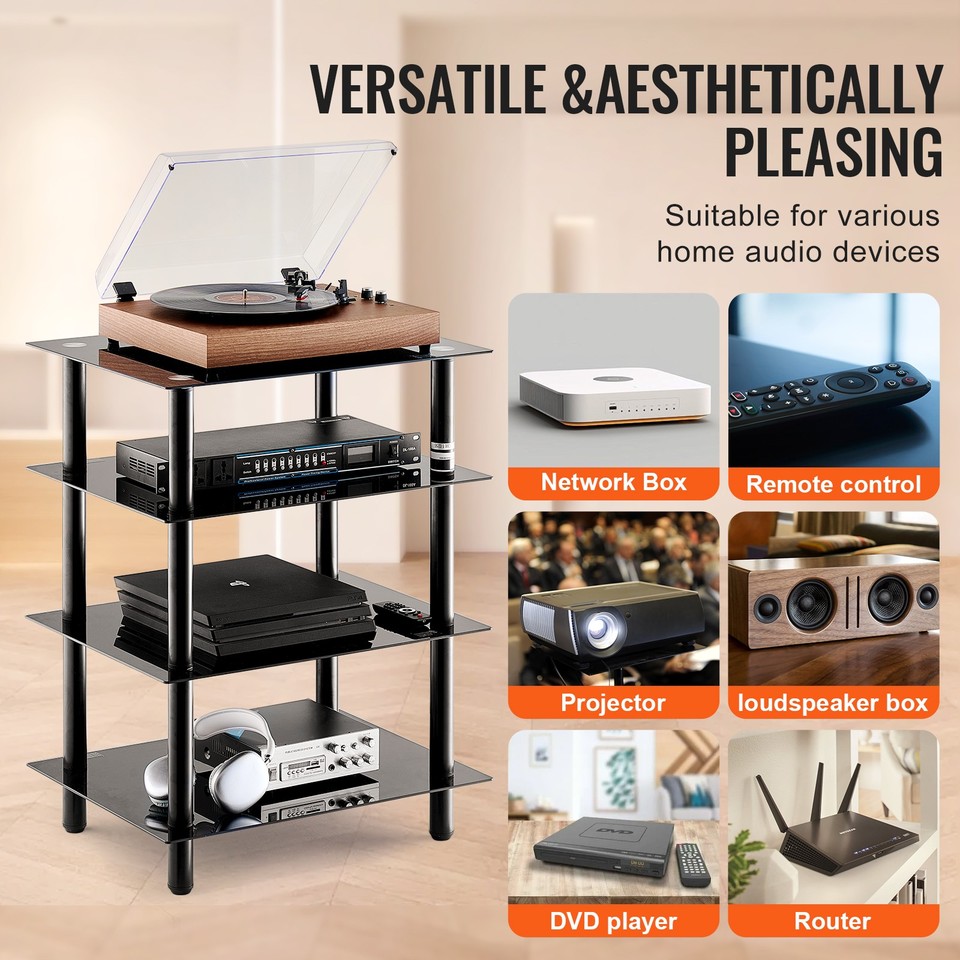 Uimoso 4-Tier AV Media Stand Strengthened Tempered Glass Audio/Video ...