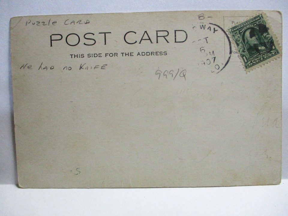 1907 PUZZLE POSTCARD WHY DID ADAM BITE THE APPLE EVE GAVE HIM? FIND THE ...