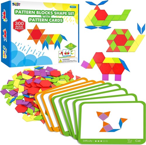 300PC Wooden Pattern Blocks Set w/48 Design Cards & Storage Bag,Gift ...