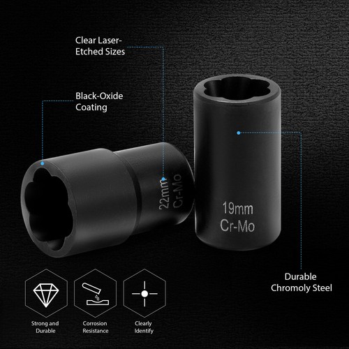 OMT Twist Socket Set | Tricky Lug Nut & Bolt Remover Tool Set, Metric ...