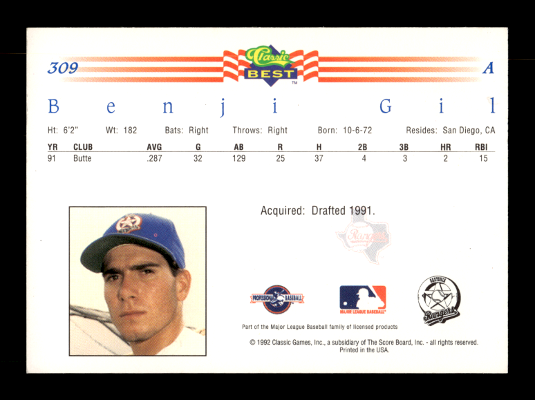 1992 Classic Best # 309 Benji Gil Card (ML) Gastonia Rangers Texas ...