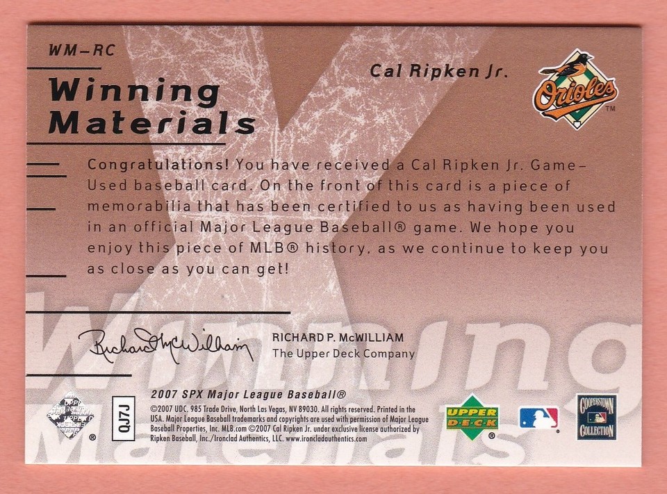2007 UD SPX WIN MAT BRONZE SP /25 HOF!! CAL RIPKEN JR. DUAL JSY#WM-RC ...