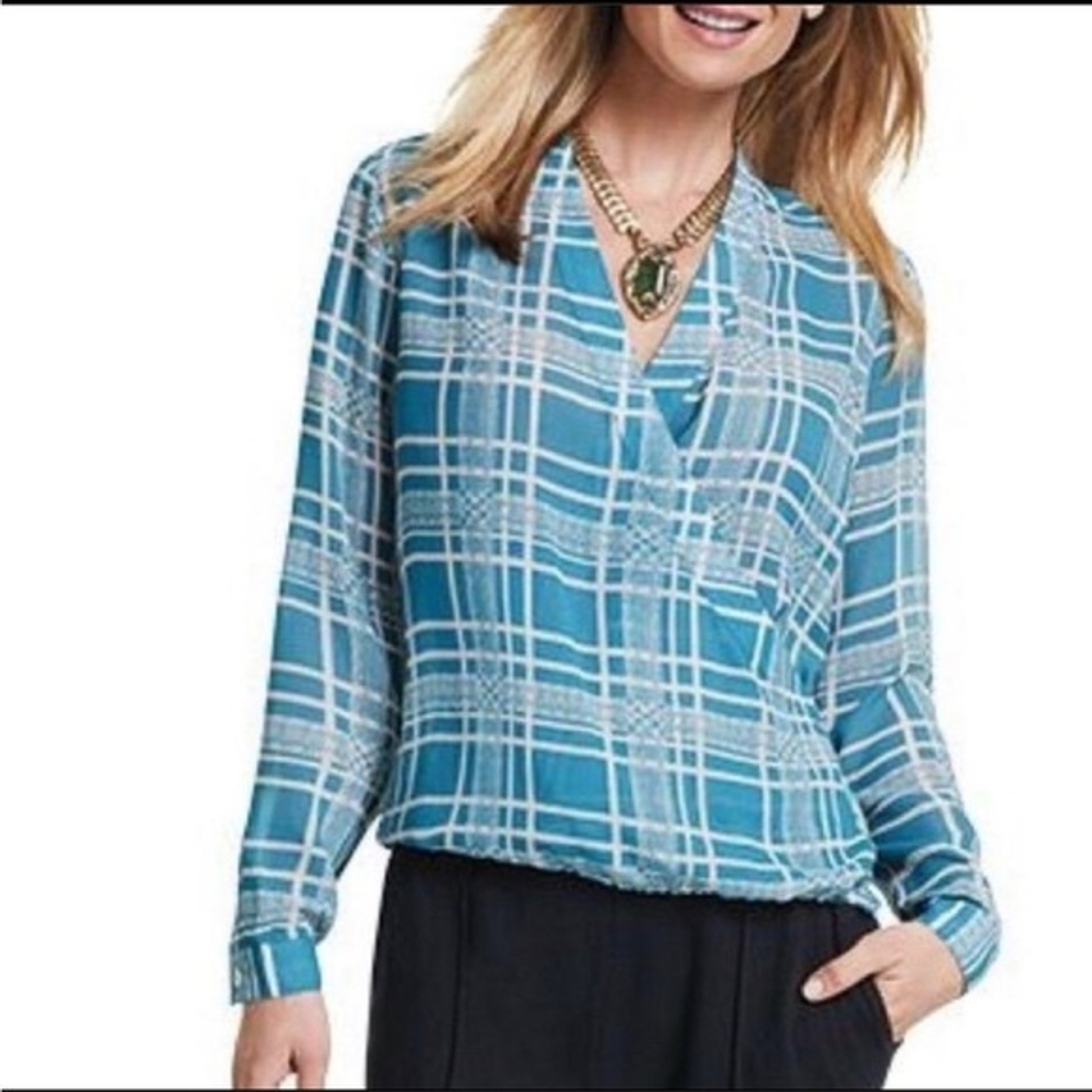 Cabi windowpane plaid wrap top career wear blouse blu… - Gem