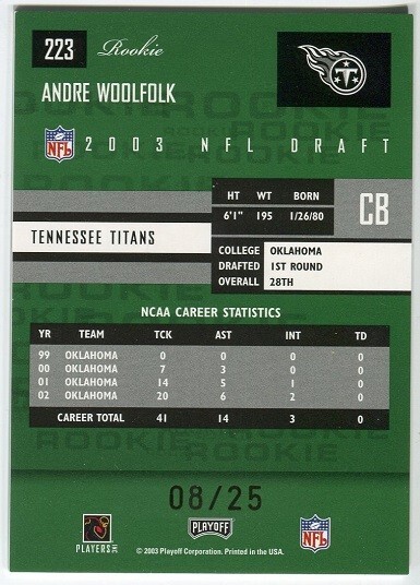 2003 Playoff Prestige Andre Woolfolk #223 RC XTRA POINTS #d 08/25 ...