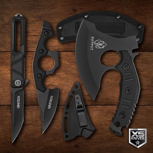 3pc Set FULL TANG Black Hunting Knife Multitool AXE Tanto SPRING ...