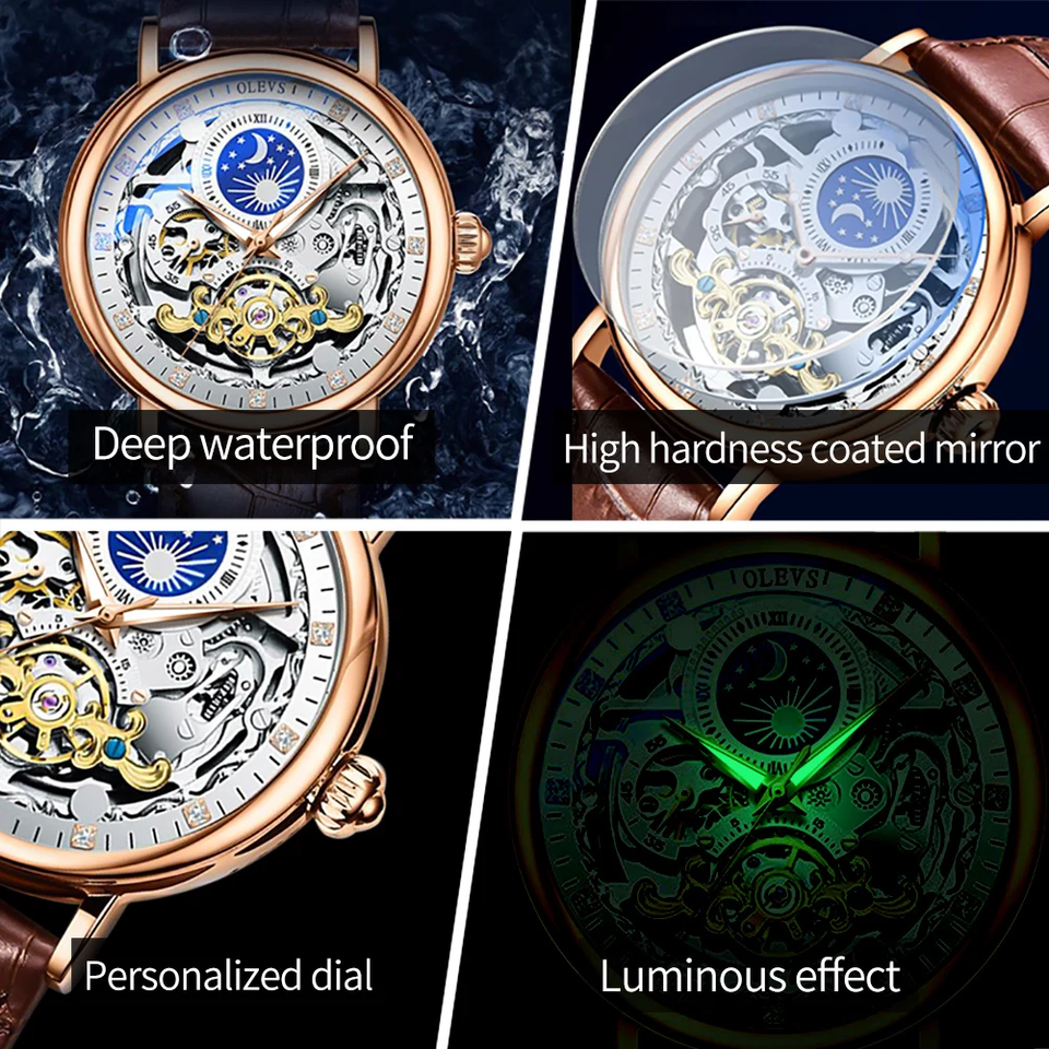 Moon Phase Mechanical Watch Men with Dual Time Zone Display Waterproof ...