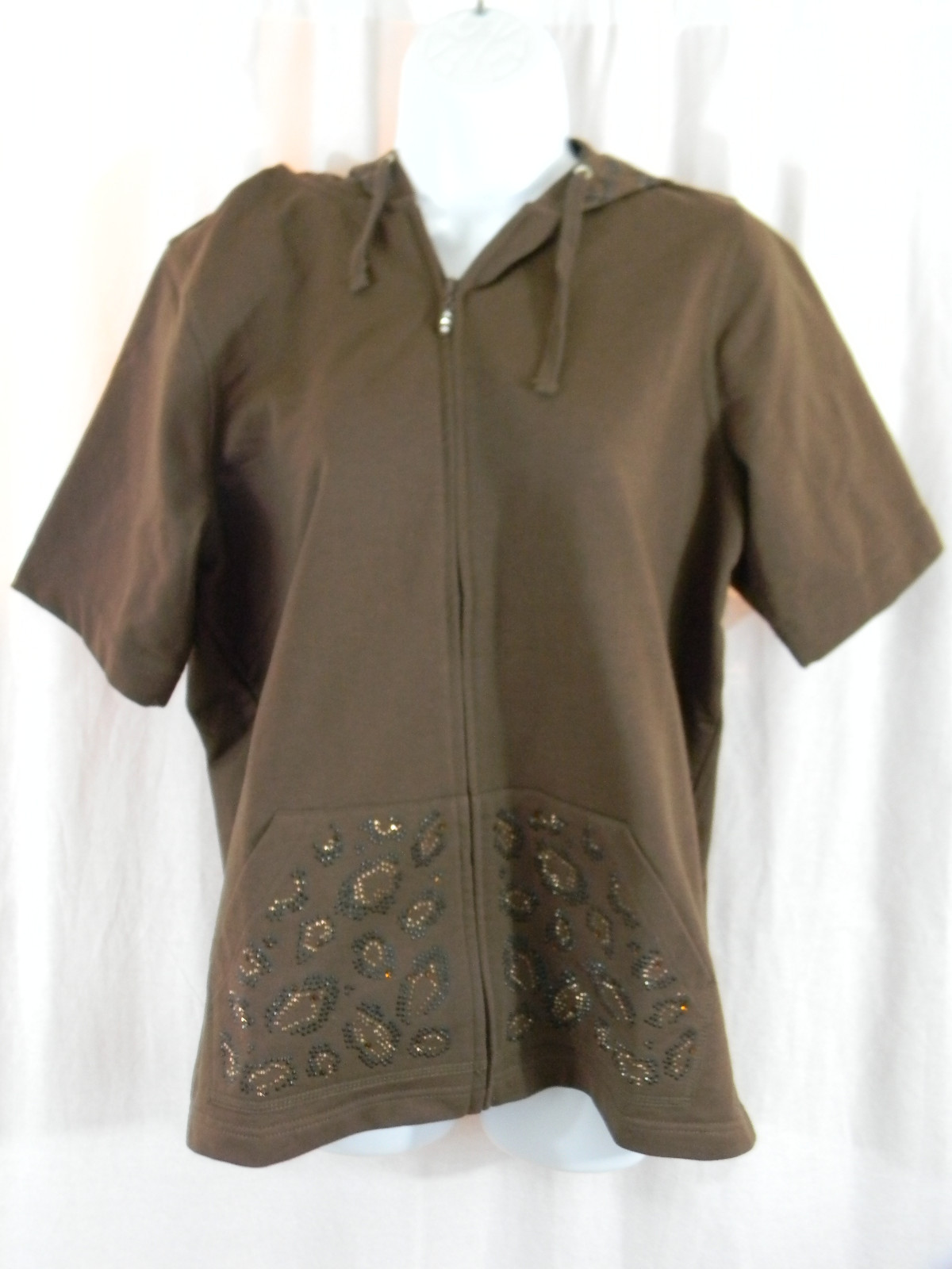 Quacker Factory Bling Leopard Animal Print Short Sleeve Brown Hoodie Sz ...