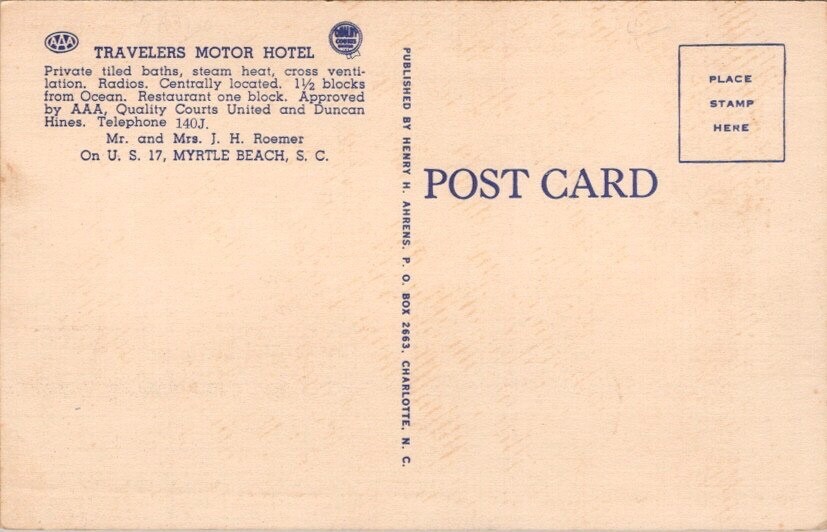 Myrtle Beach, SC Postcard TRAVELERS MOTOR HOTEL Highway 1 Roadside ...