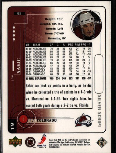 1998-99 Upper Deck MVP - Silver Script #53 Joe Sakic for sale online | eBay