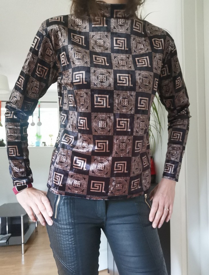 Velvet Plush Brown Black Geometric Casual Jumper Top Long Sleeve Velour ...