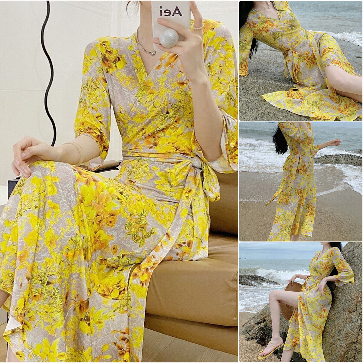 Womens Sexy Tea Dress Floral Print Half Sleeve Blouses Sexy Slit Maxi