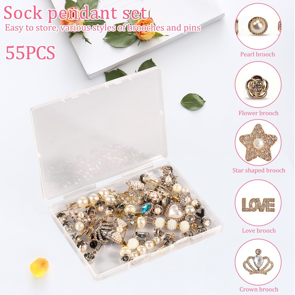55Pcs Clothes Charms Metal Brooches and Pins Rhinestone Pearl Button ...