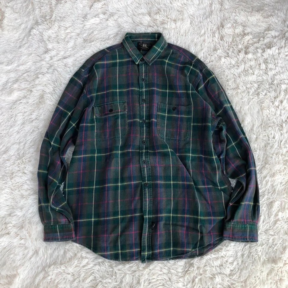 RRL Double RL Heavy Flannel Shirt Check XXL Green by Ralph Lauren Size ...