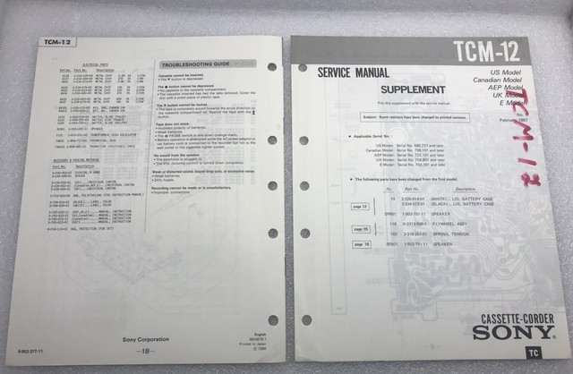 Sony Tcm-12 Cassette Corder Recorder Tape Player Walkman for sale ...