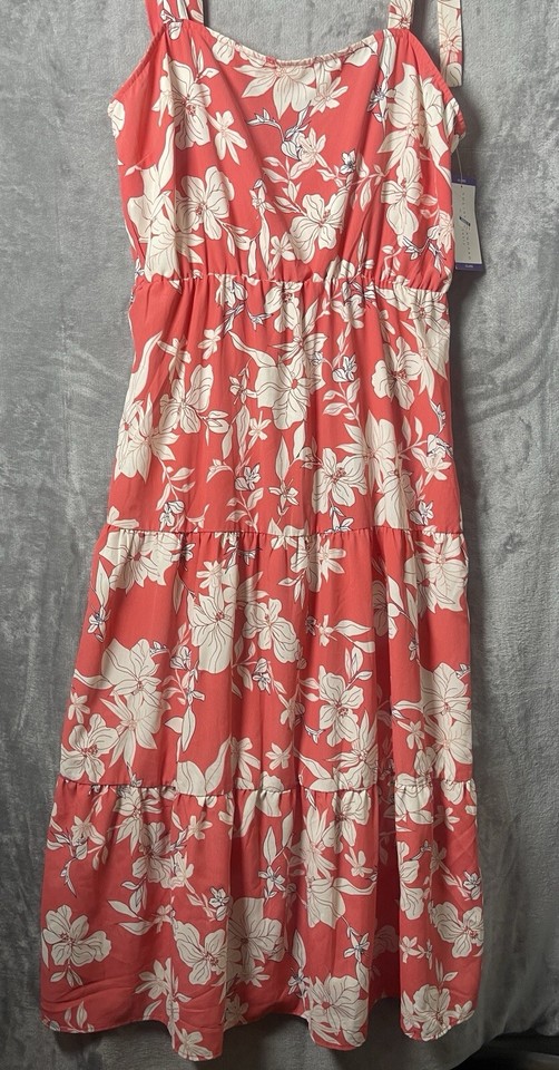 🆕Social Standard Women's Tier Smocked Back Tied Sundress Coral Floral ...