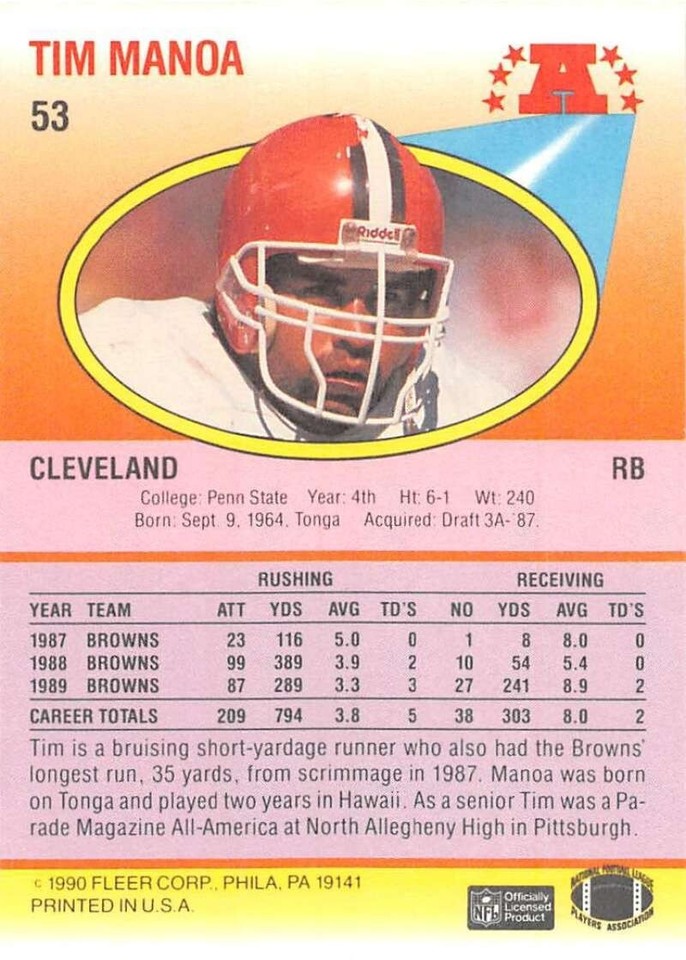 1990 FLEER NFL Football ROOKIE Trading Card #53 - TIM MANOA, Cleveland ...