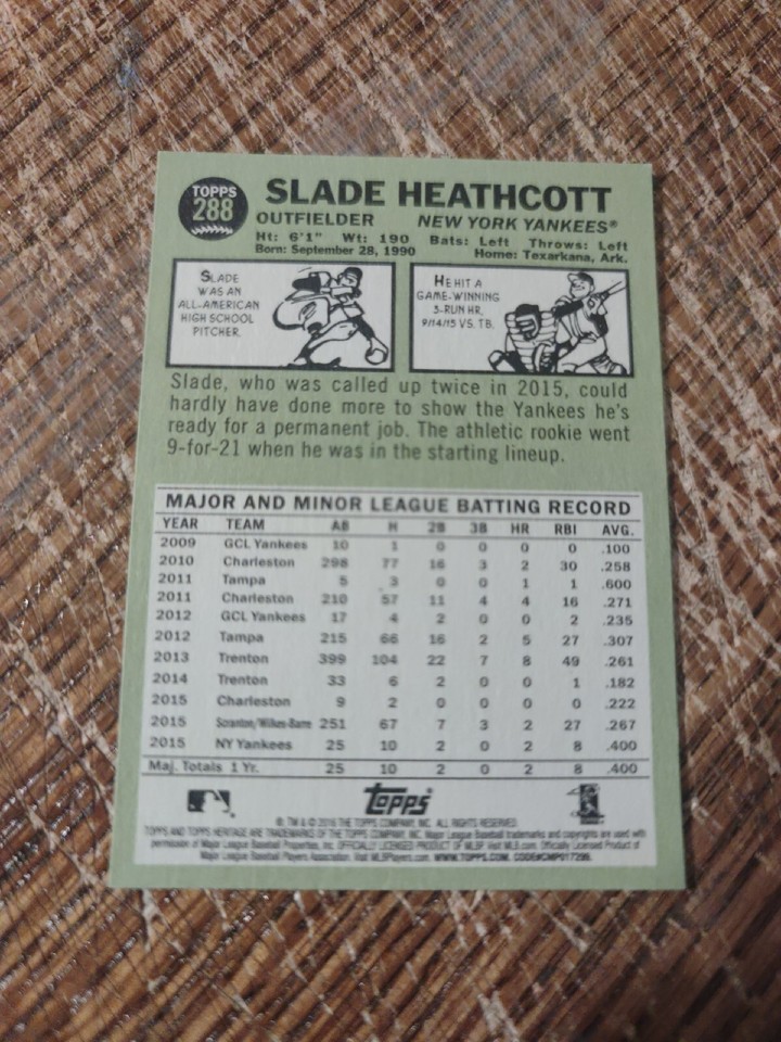 Slade Heathcott Autograph 2016 Topps Heritage Signed Baseball Card #288 ...