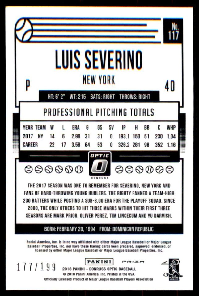 2018 Donruss Optic Orange #117 Luis Severino /199 | eBay