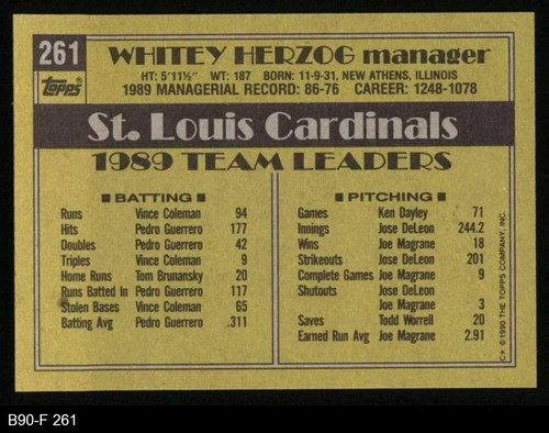 whitey herzog (st. louis cardinals - manager) 1990 topps card #261 nr ...