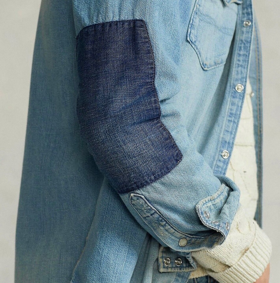 Polo Ralph Lauren RRL Style Distressed Frayed Patchwork Western Denim ...