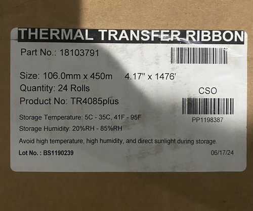 24 Rolls Zebra TR4085 plus Thermal Transfer Ribbon 106mm x 450m 4.17" x ...