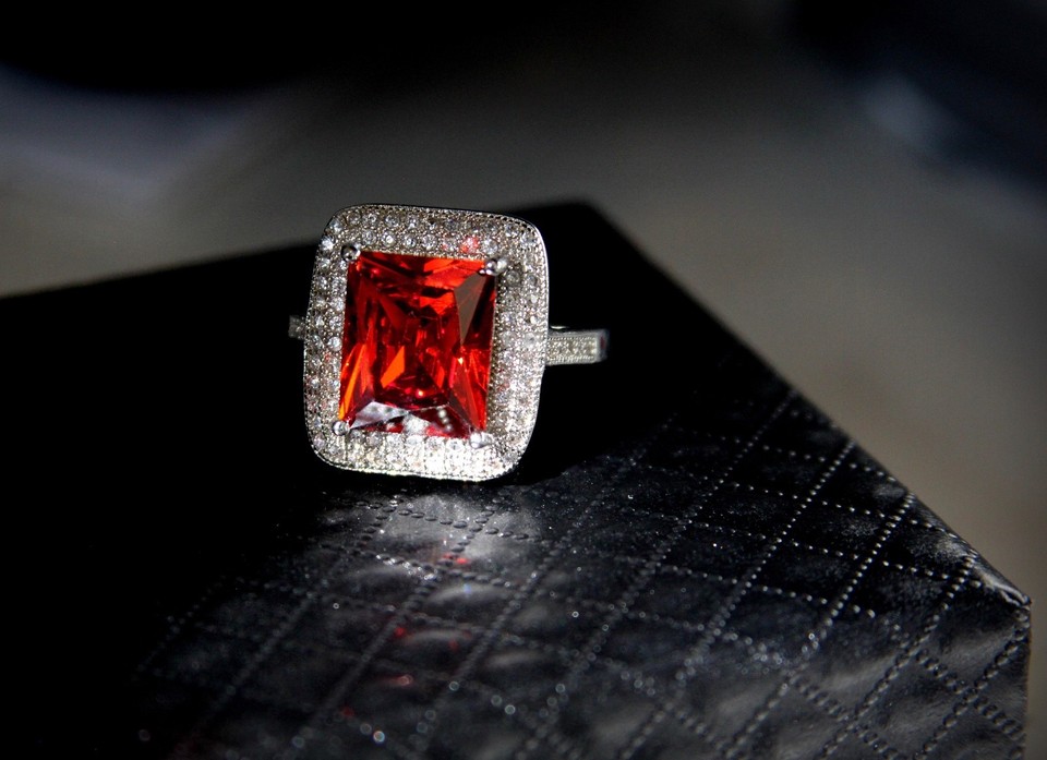 6 cwt. Red Garnet Square Ring made w Swarovski Crystal Rhodium Plated ...