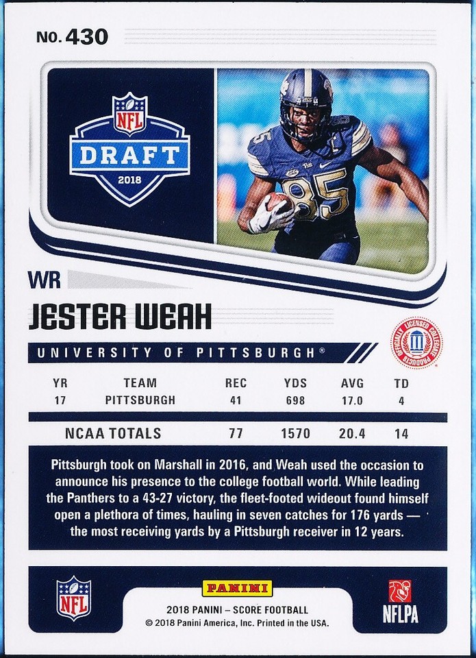 Jester Weah SCORECARD 2018 Panini Score Football #430 Pitt Panthers ...