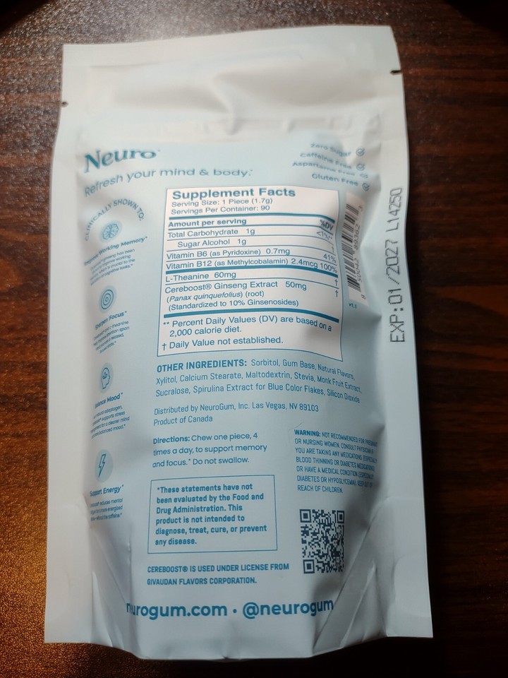 Neuro Memory & Focus Gum (90 Pieces) - Decaf & Sugar Free with American ...