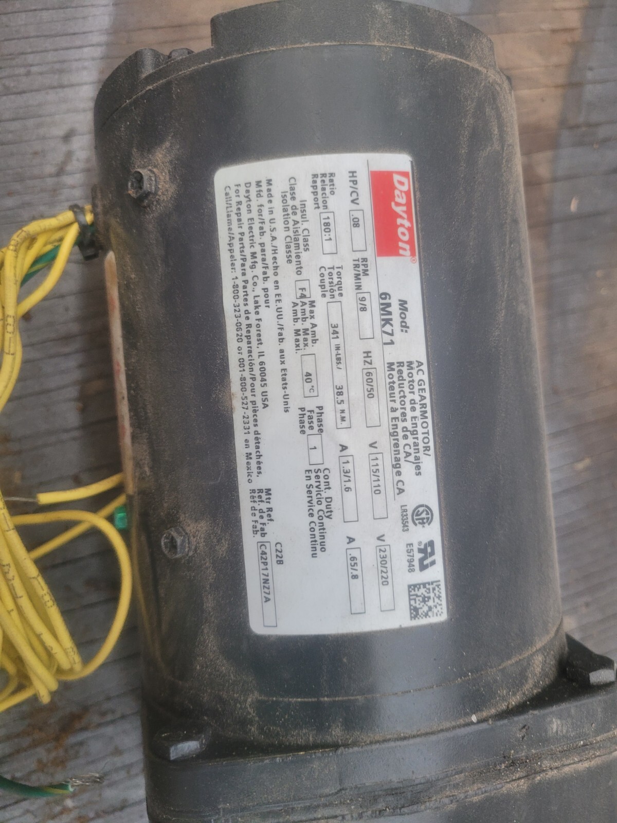 DAYTON AC GEAR MOTOR .16 HP, RPM: 340/283 TEFC, 5:1 Ratio Model 6MK71 ...