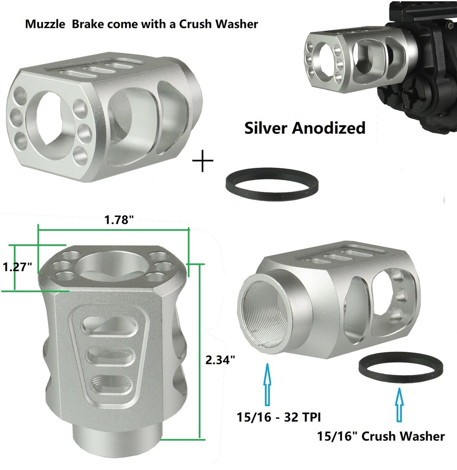 12 GA Muzzle Brake SILVER Tanker Compensator Reducer, 15/16x32 For KEL ...