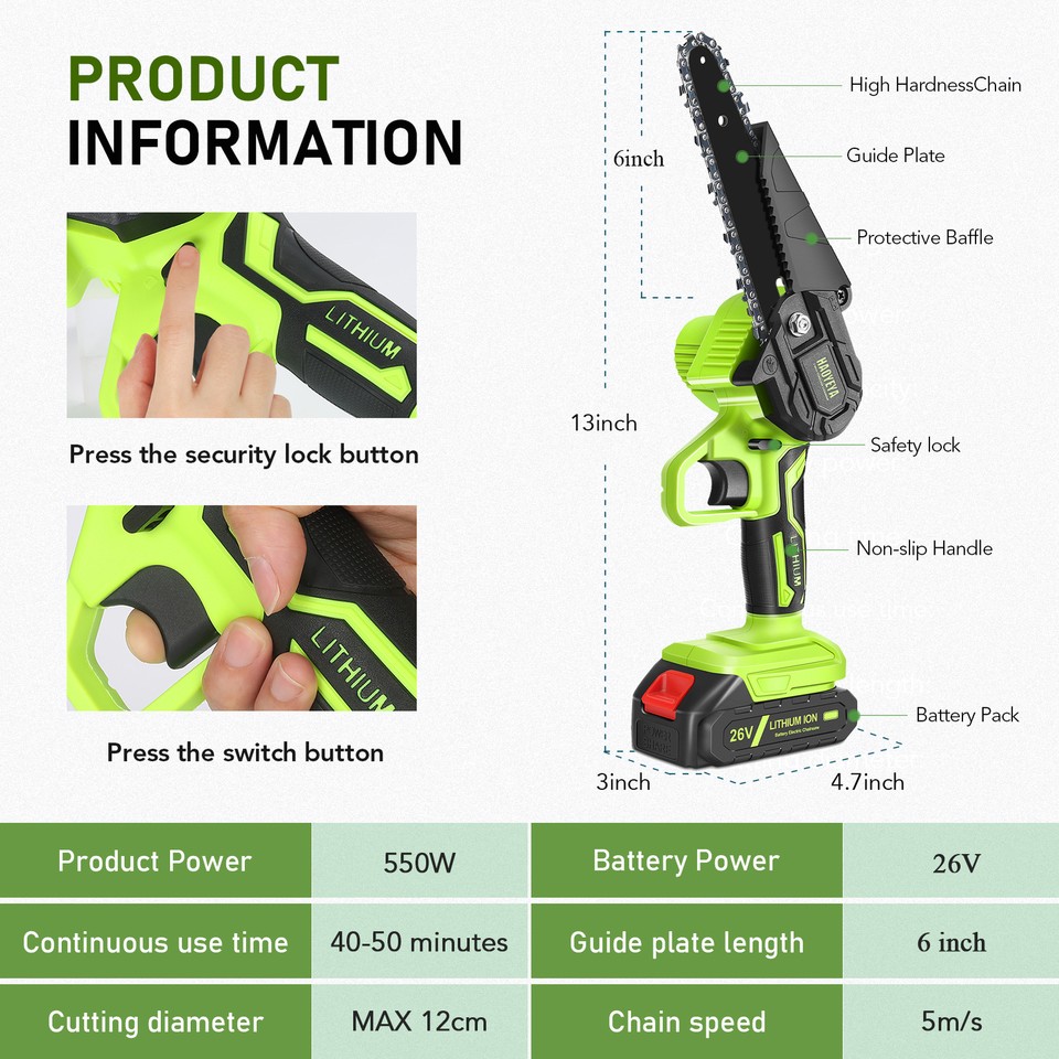 6" Mini Cordless Electric Chainsaw 2X Battery-Powered Wood Cutter ...