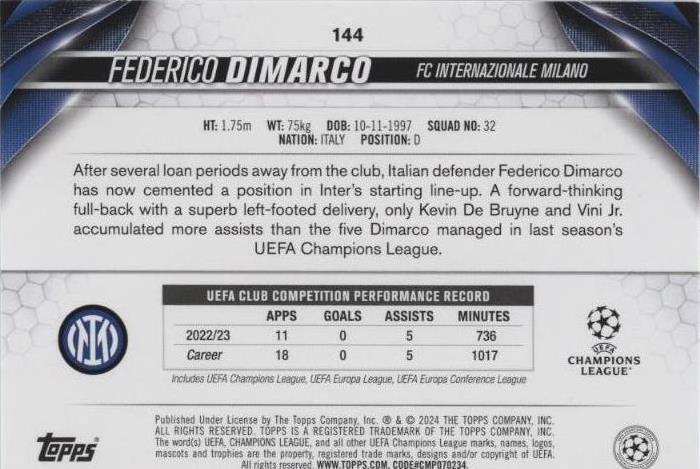 2023-24 Topps UEFA Club Competitions Federico Dimarco #144 for sale | eBay
