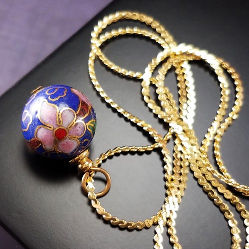 Vintage Cloisonne Pendant Necklace Cobalt Blue Ball Drop Multi Color ...