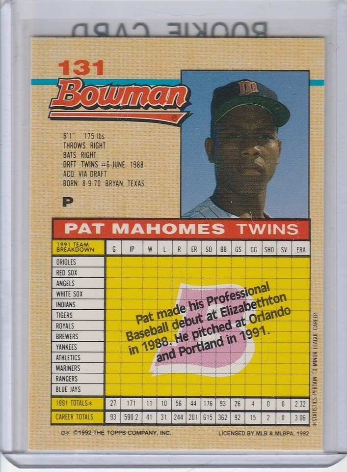 PAT MAHOMES 1992 Bowman ROOKIE CARD Baseball RC Patrick Chiefs Star QB ...