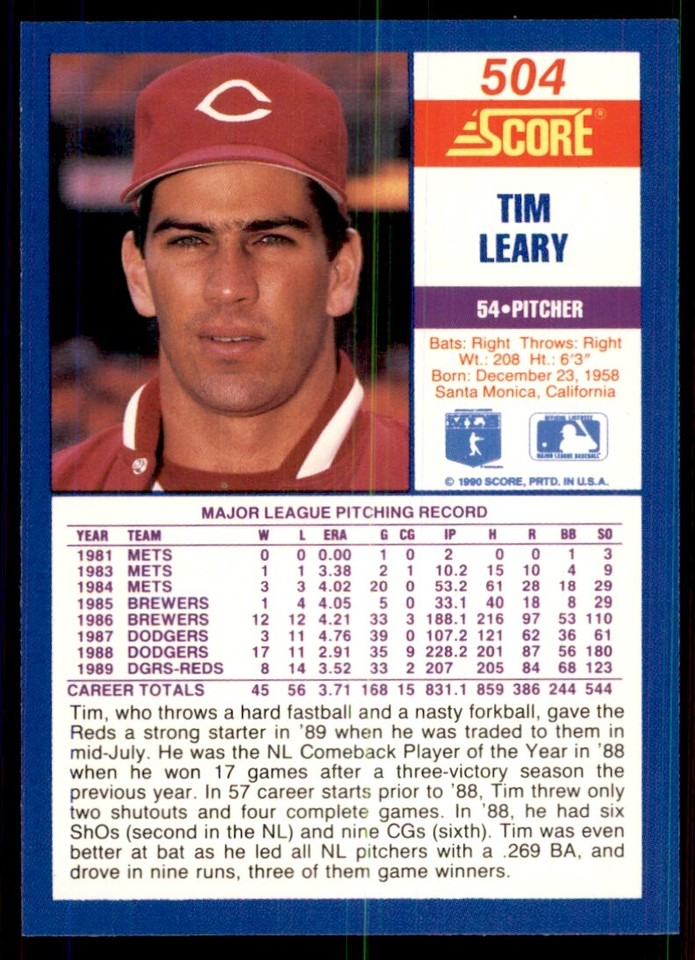 1990 Score Tim Leary Baseball Cards #504 | eBay