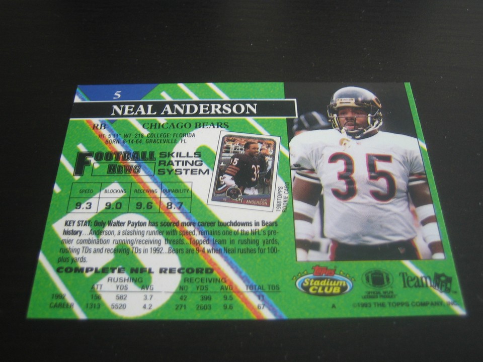 1993 Topps Stadium Club Football Neal Anderson Card 5 Chicago Bears | eBay