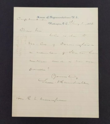 1886 House of Representatives Letterhead Signed by Speaker Samuel J ...