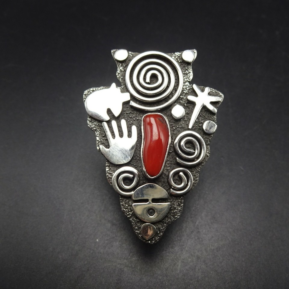 Alex Sanchez NAVAJO Sterling Silver PETROGLYPH RED CORAL Arrowhead RING ...