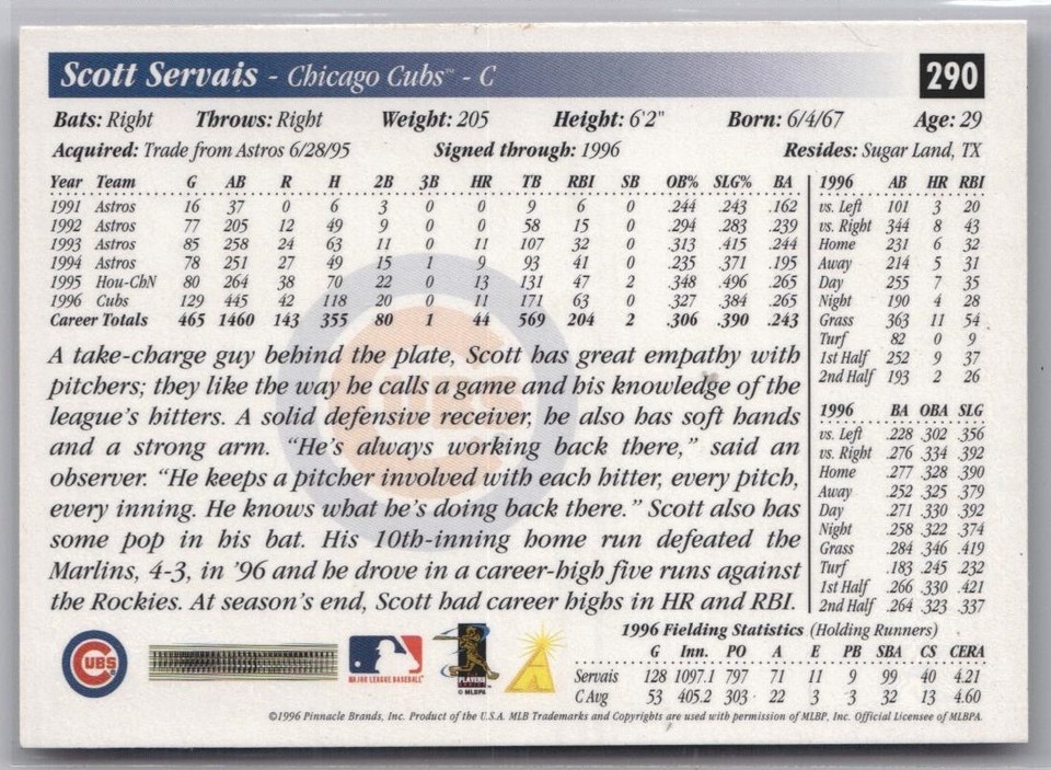 1997 Score Premium Stock Chicago Cubs Baseball Card #290 Scott Servais ...
