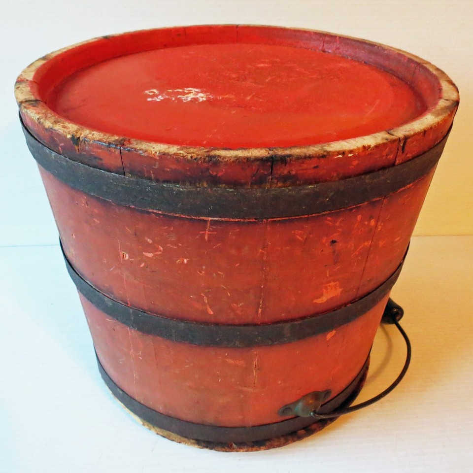 Antique Red Painted Wood Firkin with Iron Straps, Cover & Bail Handle 9 ...