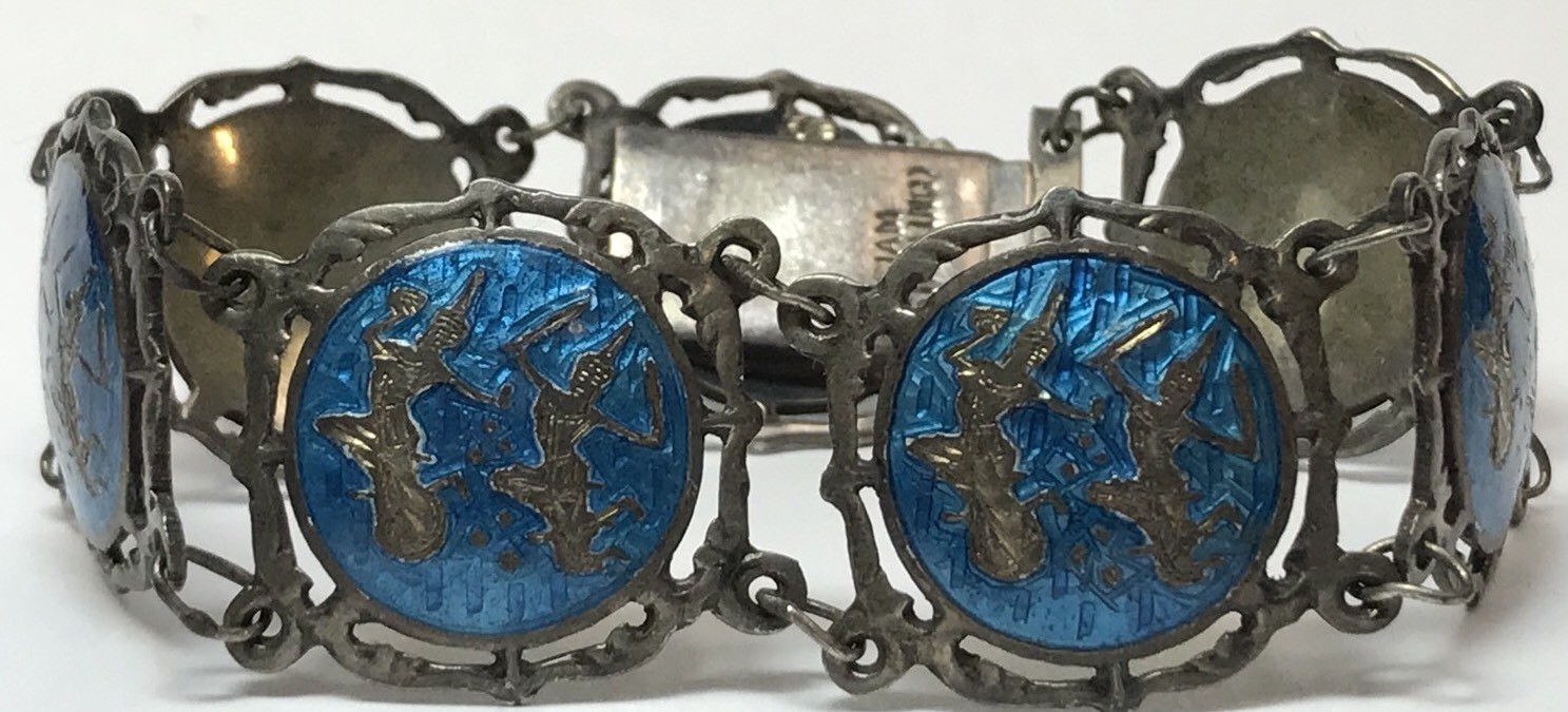 VINTAGE STERLING SILVER SIAM DANCING GODDESS BLUE ENAMEL BRACELET SUN ...