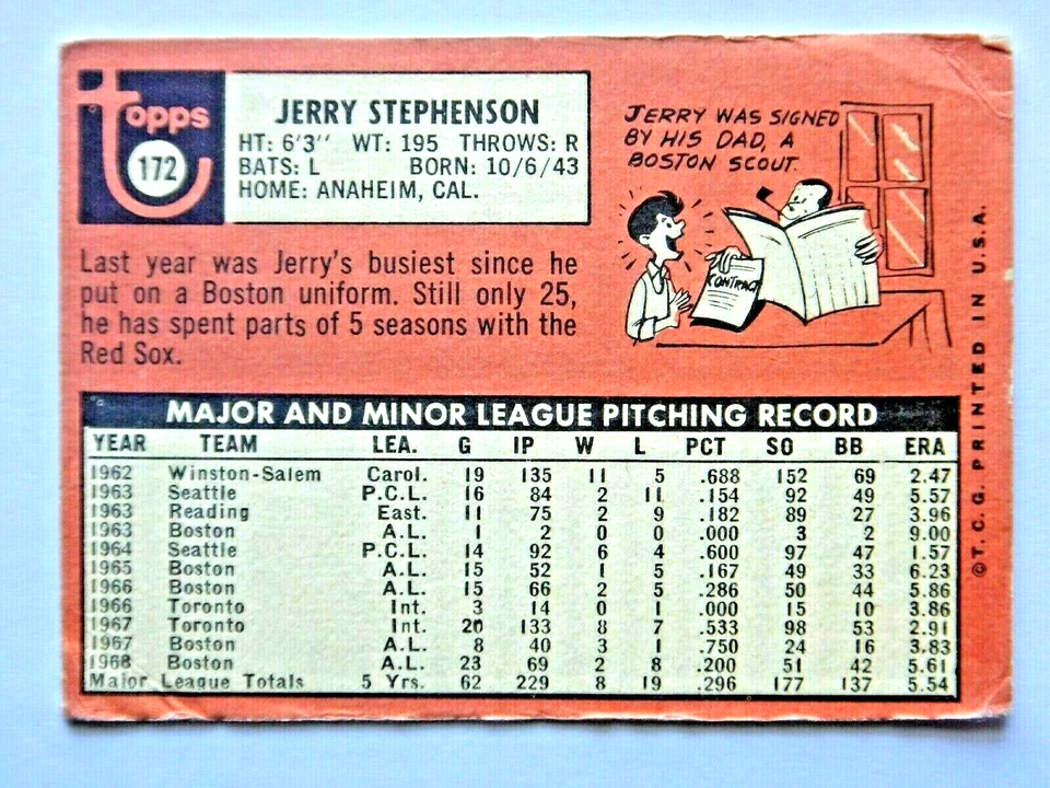 Jerry Stephenson #172 Topps 1969 Baseball Card (Boston Red Sox) *G | eBay